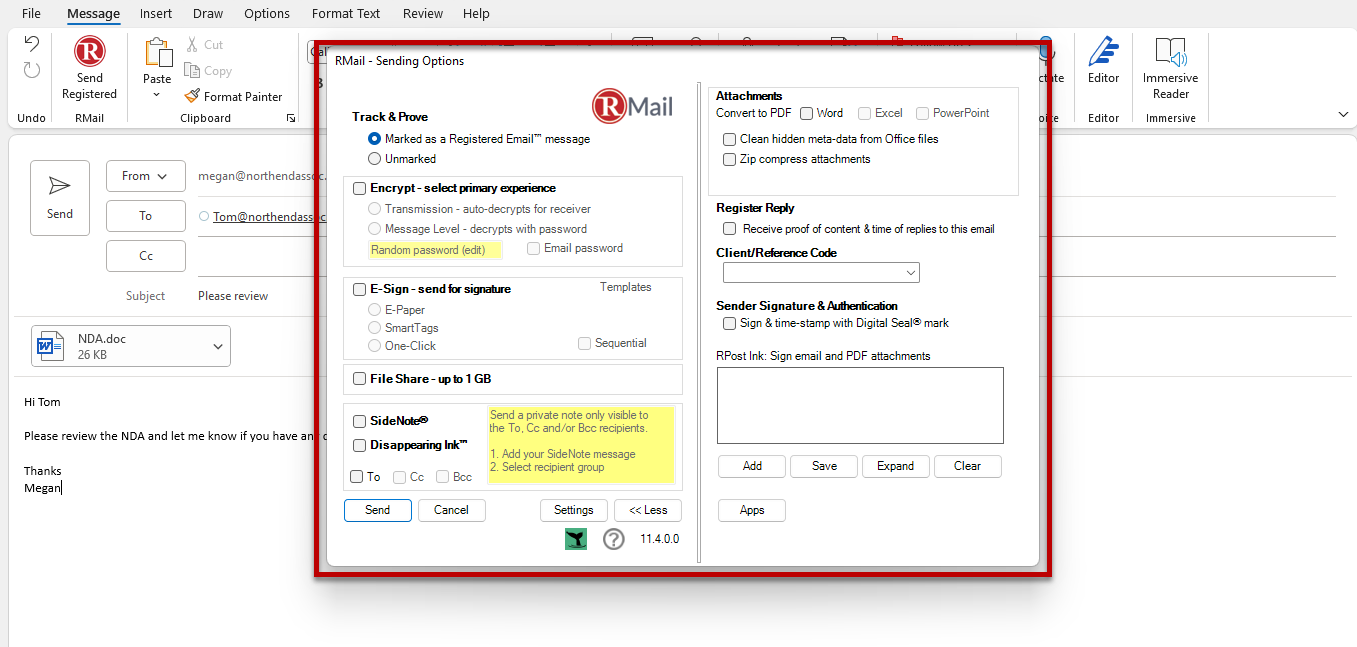 RPostOne for Outlook (AKA RMail for Outlook): Available Features in the Sending Options Panel ...